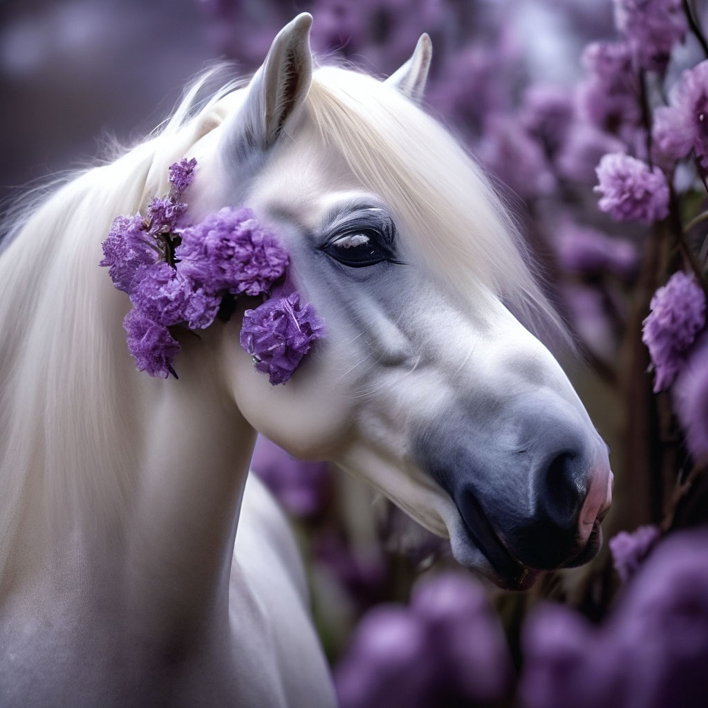 "Beautiful white pony, half of the muzzle is covered with lilac flowers ...