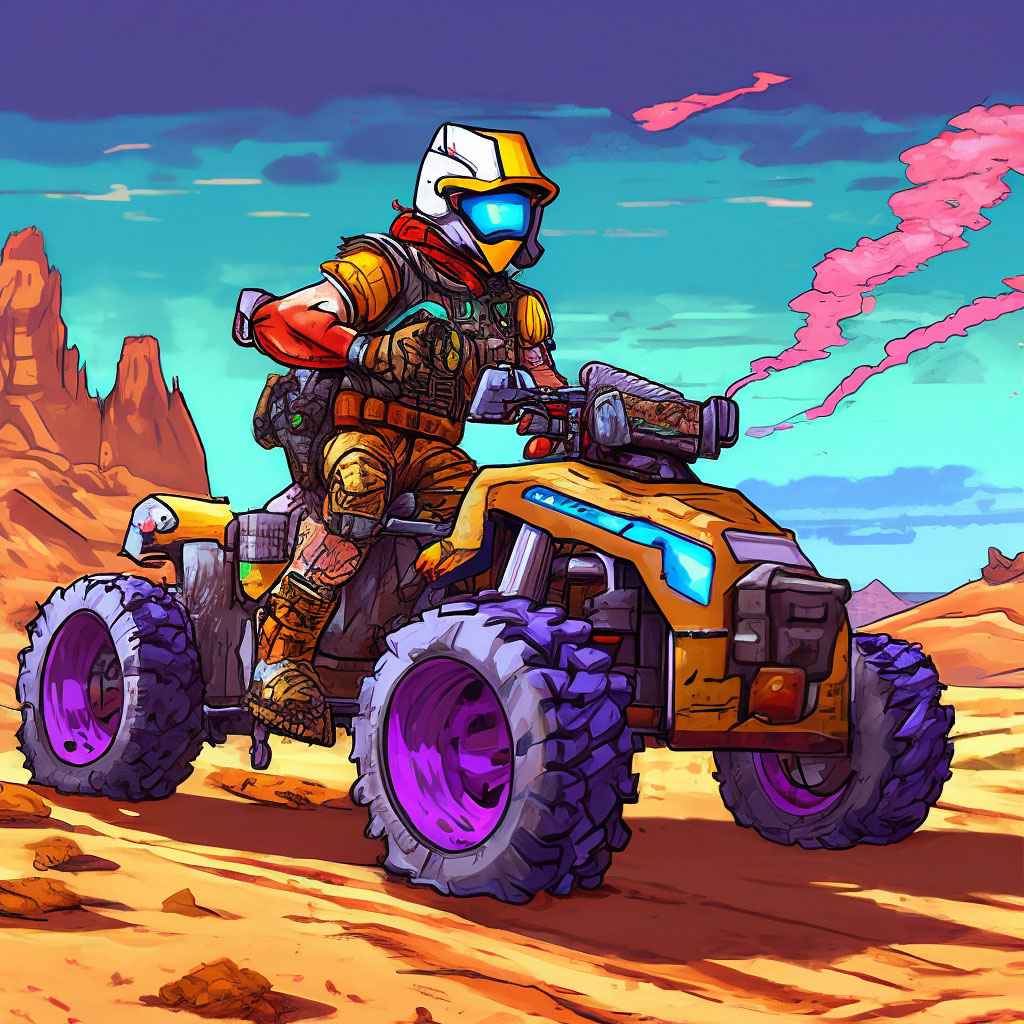 "Buggy driver rides through the desert from Borderlands, cartoon, high ...