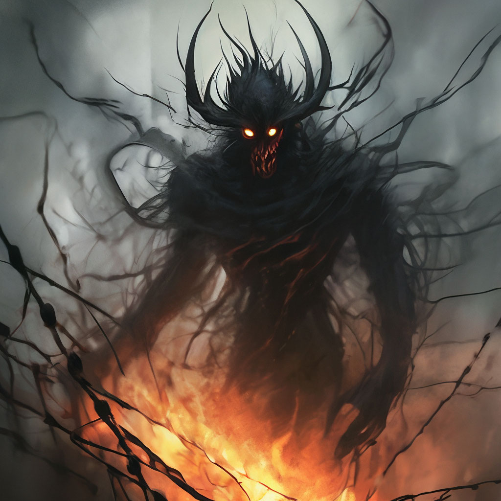 "Sinister Demon, Horror, Ghoulish, Fire. Darkness, barbed wire, Smudges ...