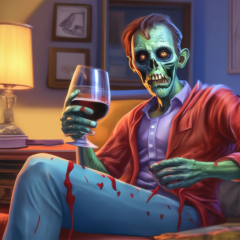 "Zombie with a wine glass at home in front of the TV" — image created ...