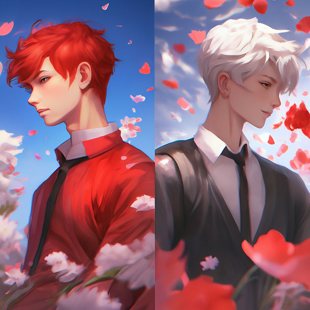 "Two guys, the first guy is red,the second guy is white with short hair ...