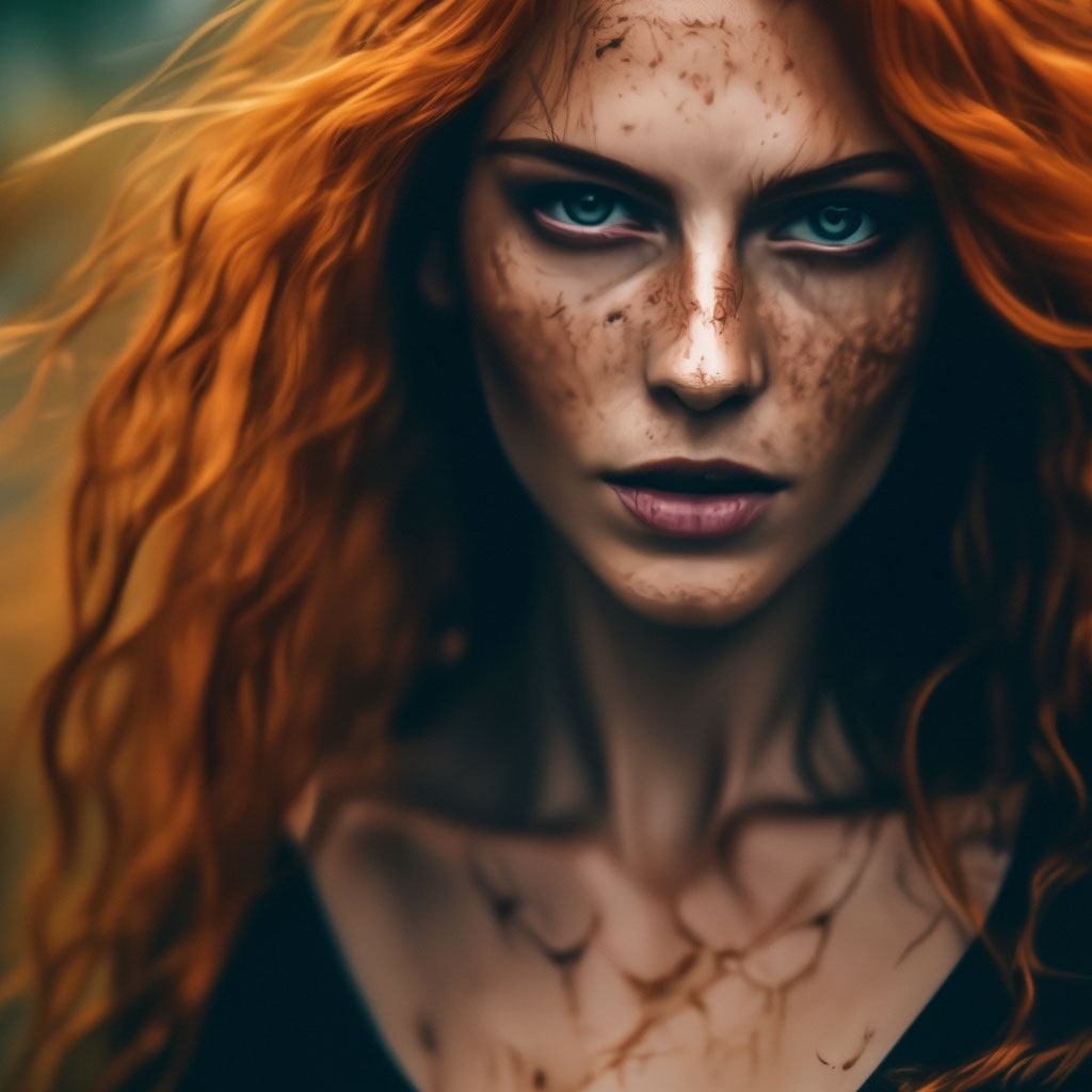 "Beautiful evil witch with golden-red hair, fair skin and freckles ...