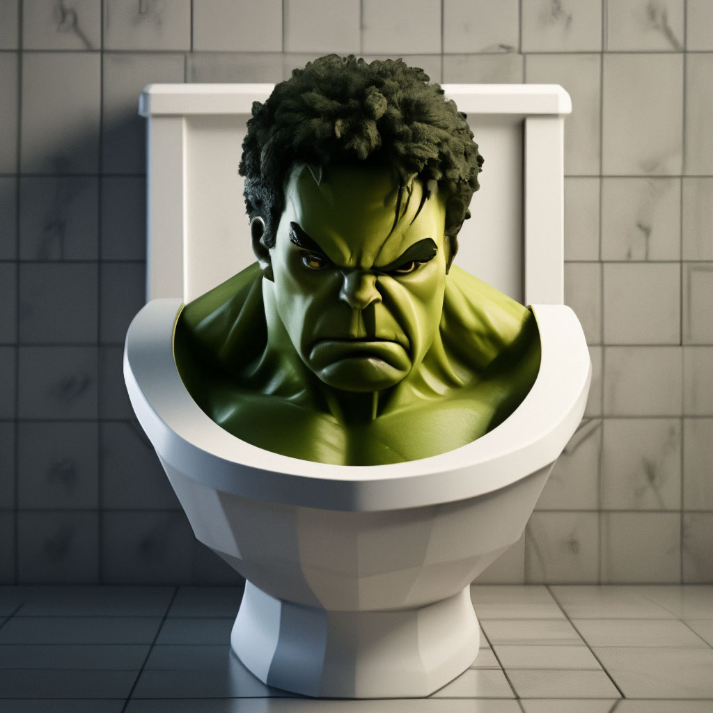 "The toilet bowl from which the hulk's head peeks out" — image created ...