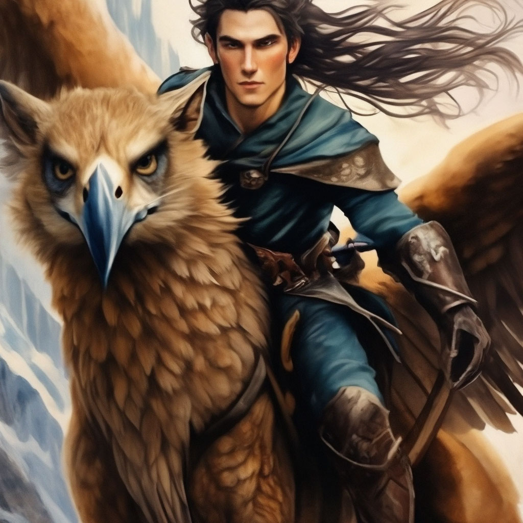 "Watercolour. A handsome young elf is flying on a griffin, his hair is ...