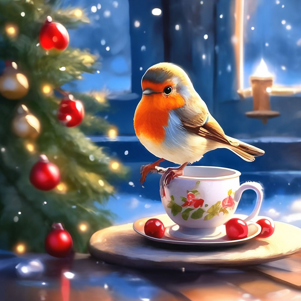 "Cute little bird drinks tea near the Christmas tree" — image created ...