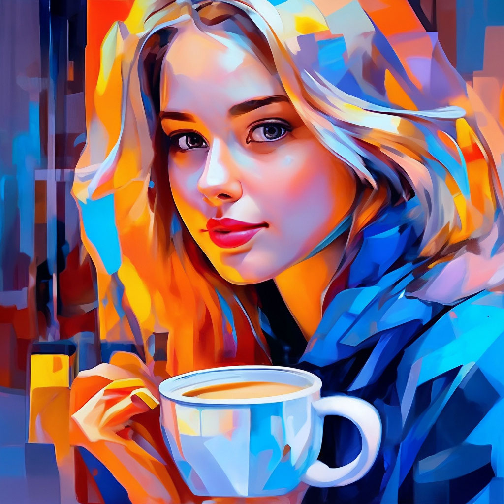 "Girl and coffee, cubic acrylic, embossing, thick contour, bright ...