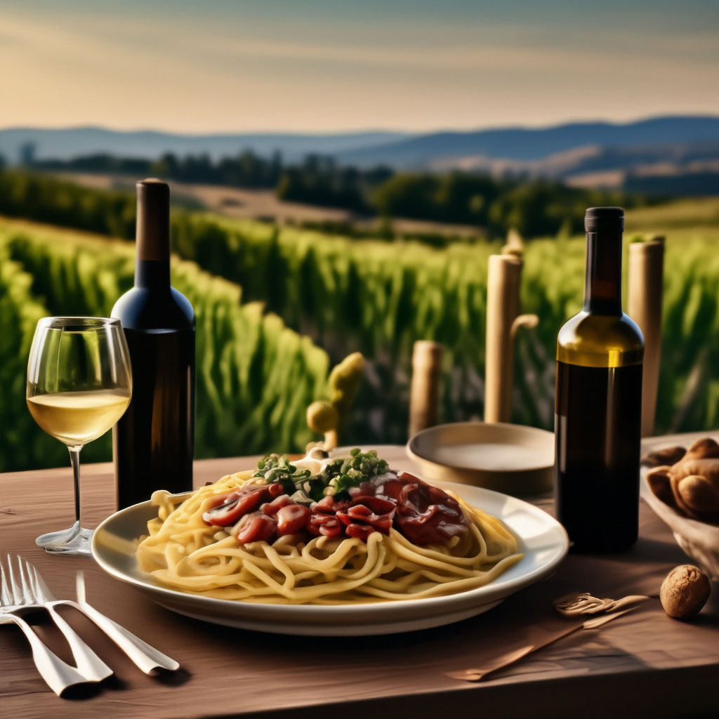 "🍝 Spaghetti Day a landscape with a vineyard in the foreground, a table ...