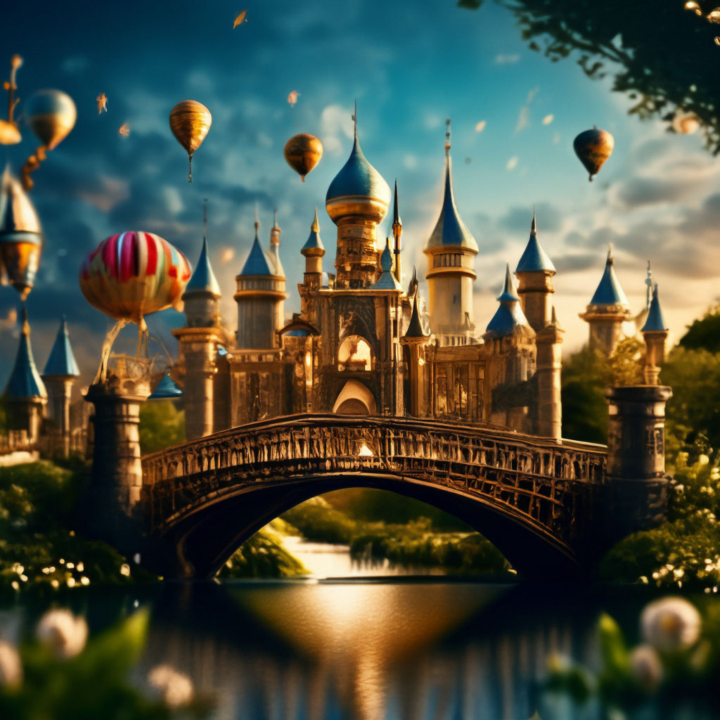 "A beautiful magical world with a castle, an openwork bridge, a ...