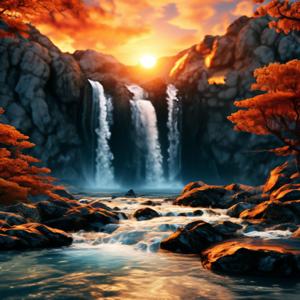"Waterfall in sunset, extremely smooth, fluid, 3d fractals, light ...