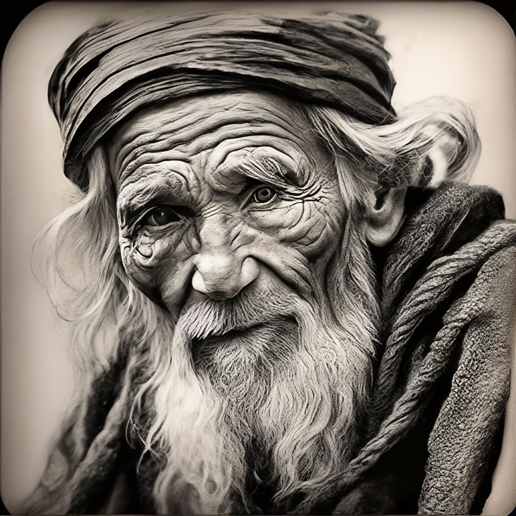 "Old man, wise, ink portrait, 64k" — image created in Shedevrum
