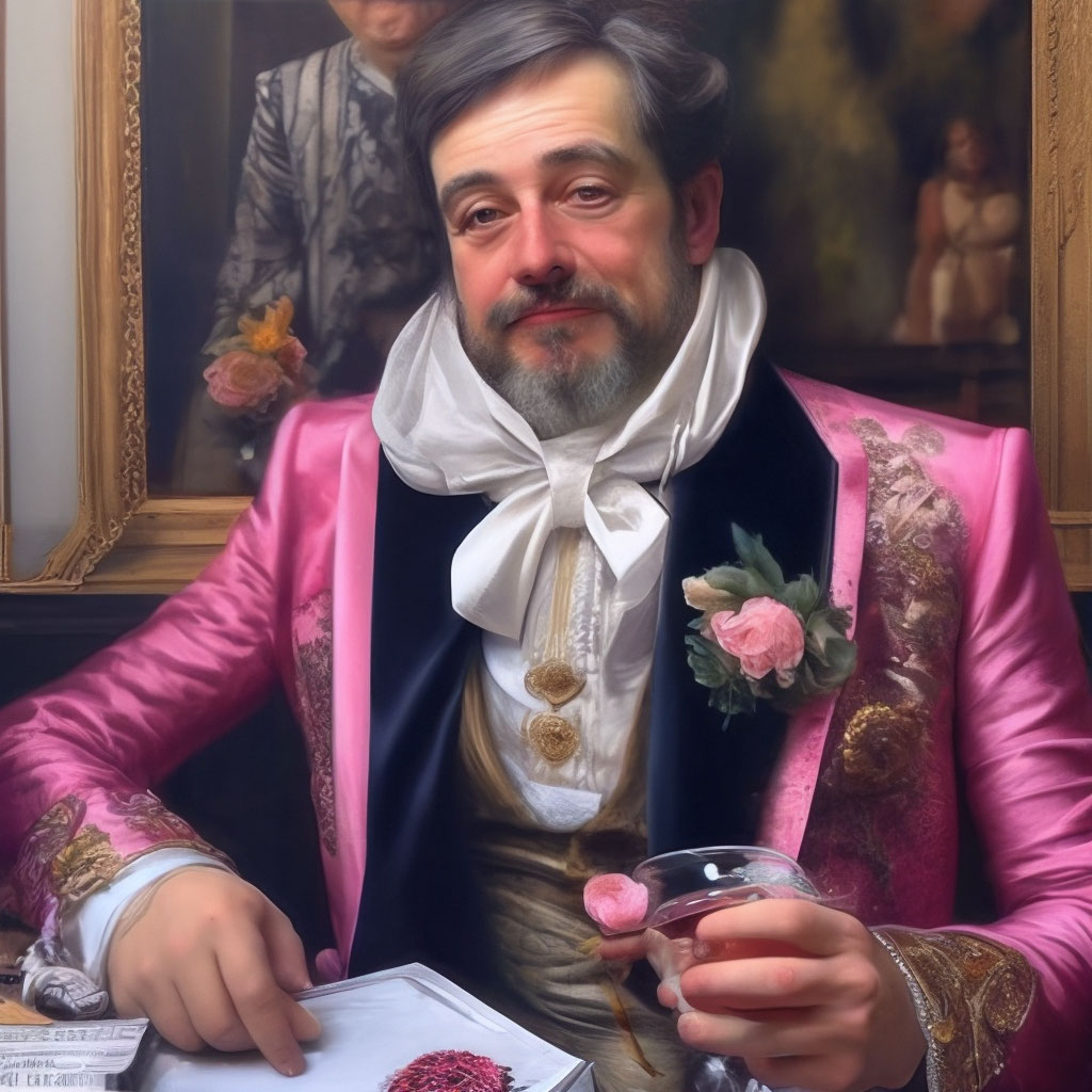 "A drunkard in a couture outfit, hyperrealism drawing every detail ...