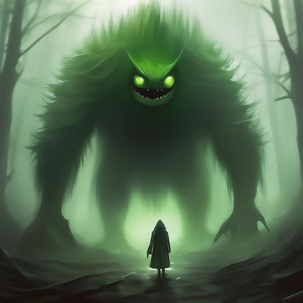 "A green, huge, shaggy monster with huge eyes" — image created in Shedevrum