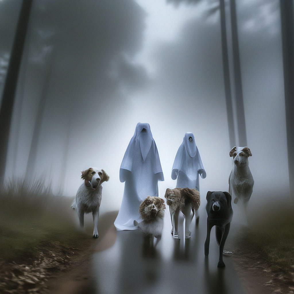 "Ghosts took their dogs for a walk, professional photo, realistic ...