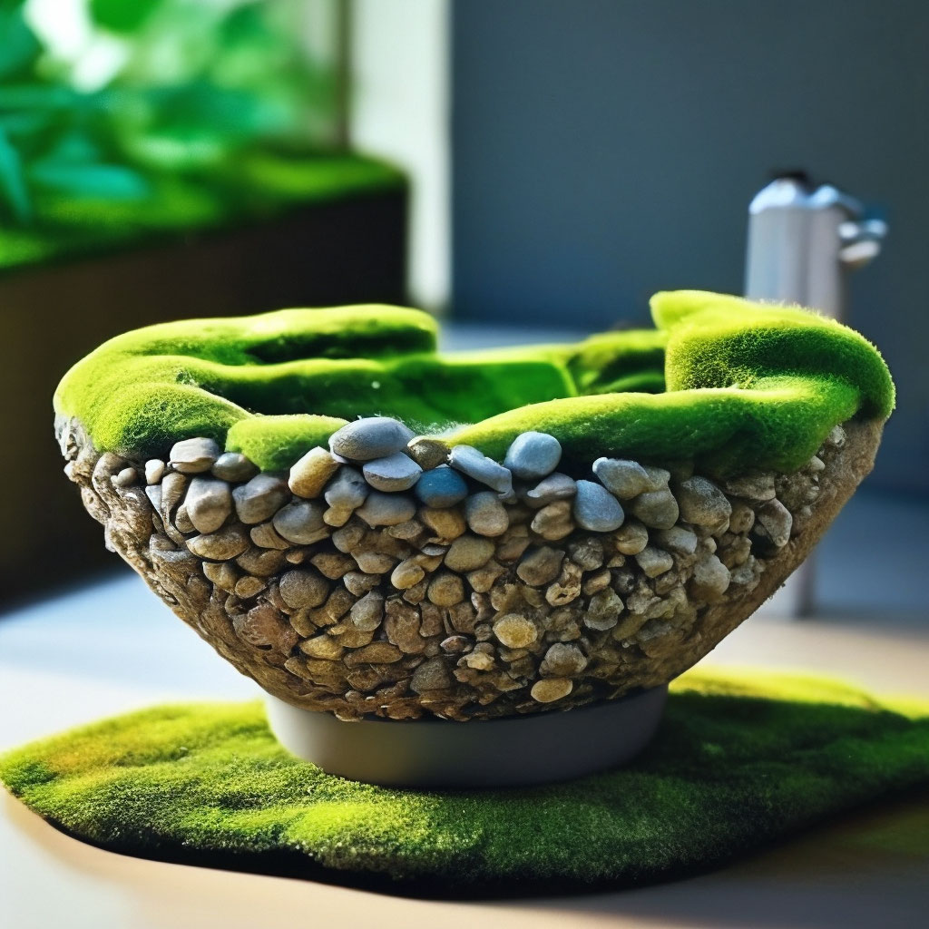 "Toilet bowl made of sea pebbles, stands on a moss base, photo ...