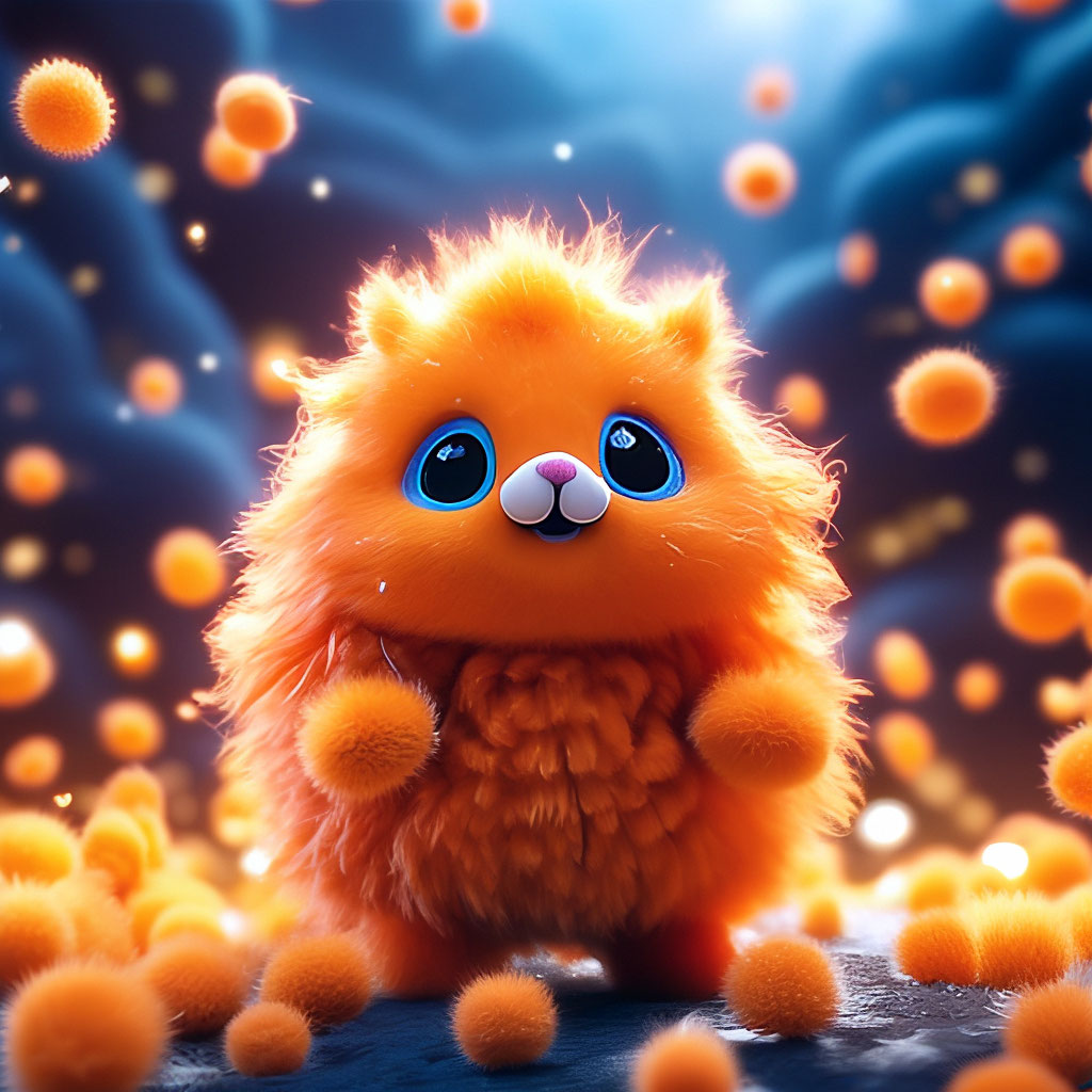"Falling from the sky, cute, small, orange creatures, round, knitted ...