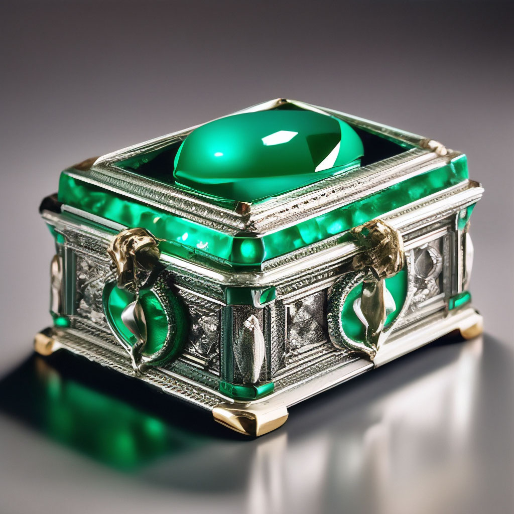 "A silver casket with an emerald in the center" — image created in ...