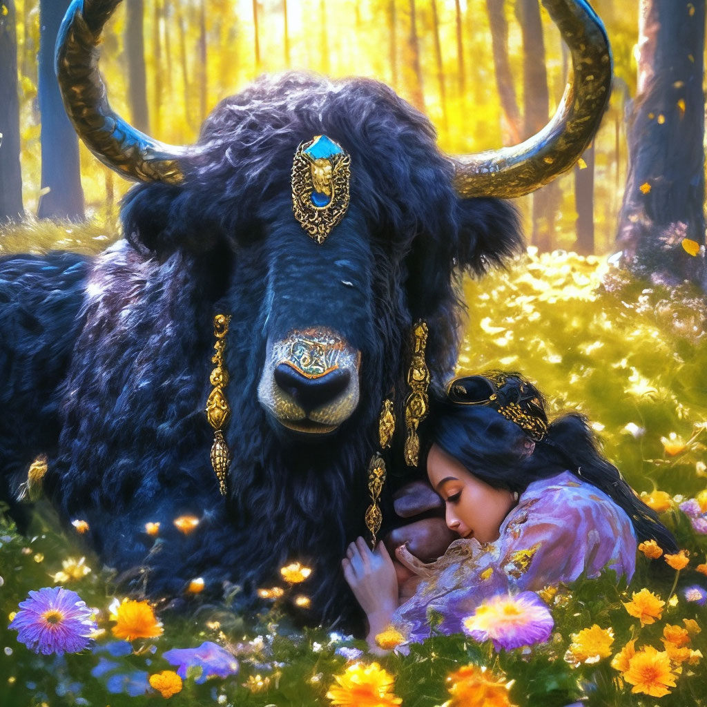 "The view of the whole body is hyperrealism, a powerful black yak lies ...
