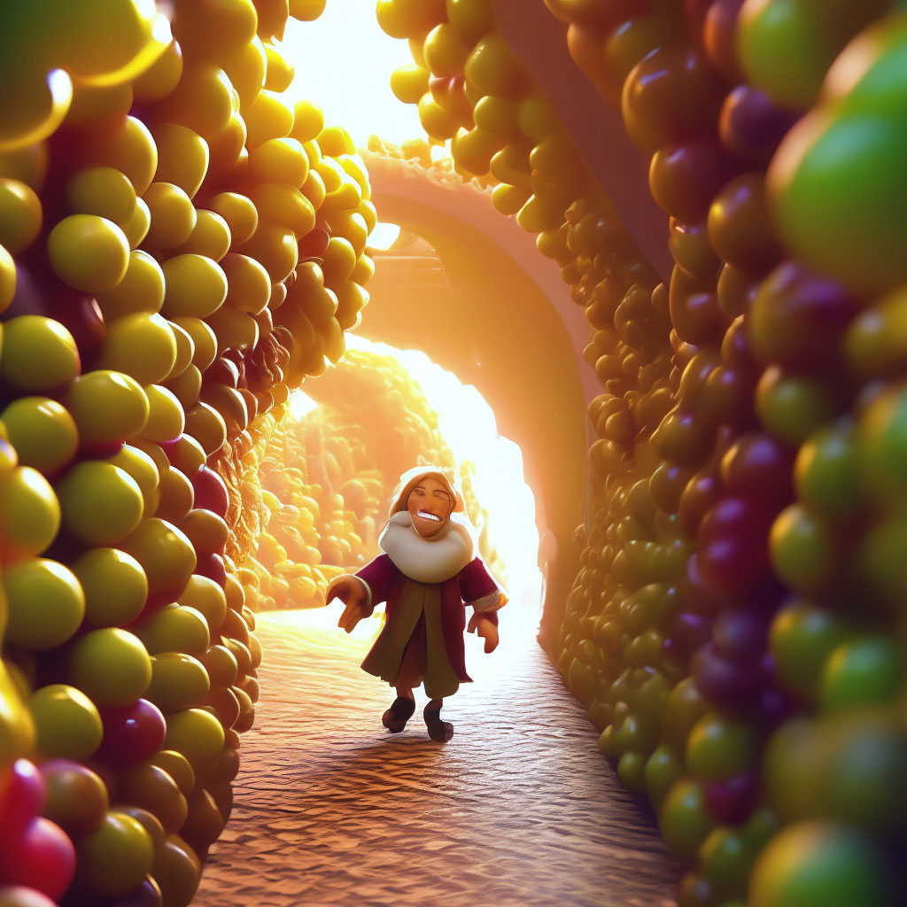 "An endless corridor of grapes covered with a matte coating, twisted in ...