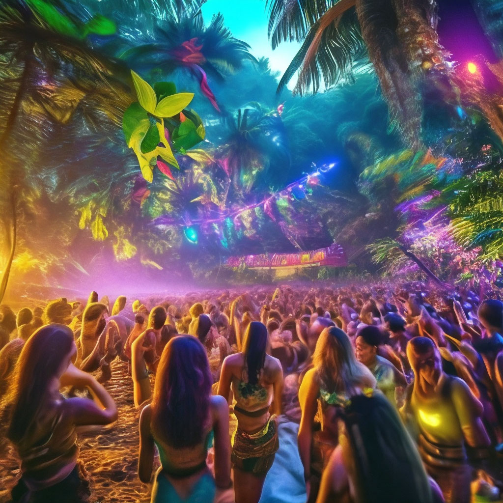 "Psychedelic party on an island in the Amazon jungle, beautiful ...