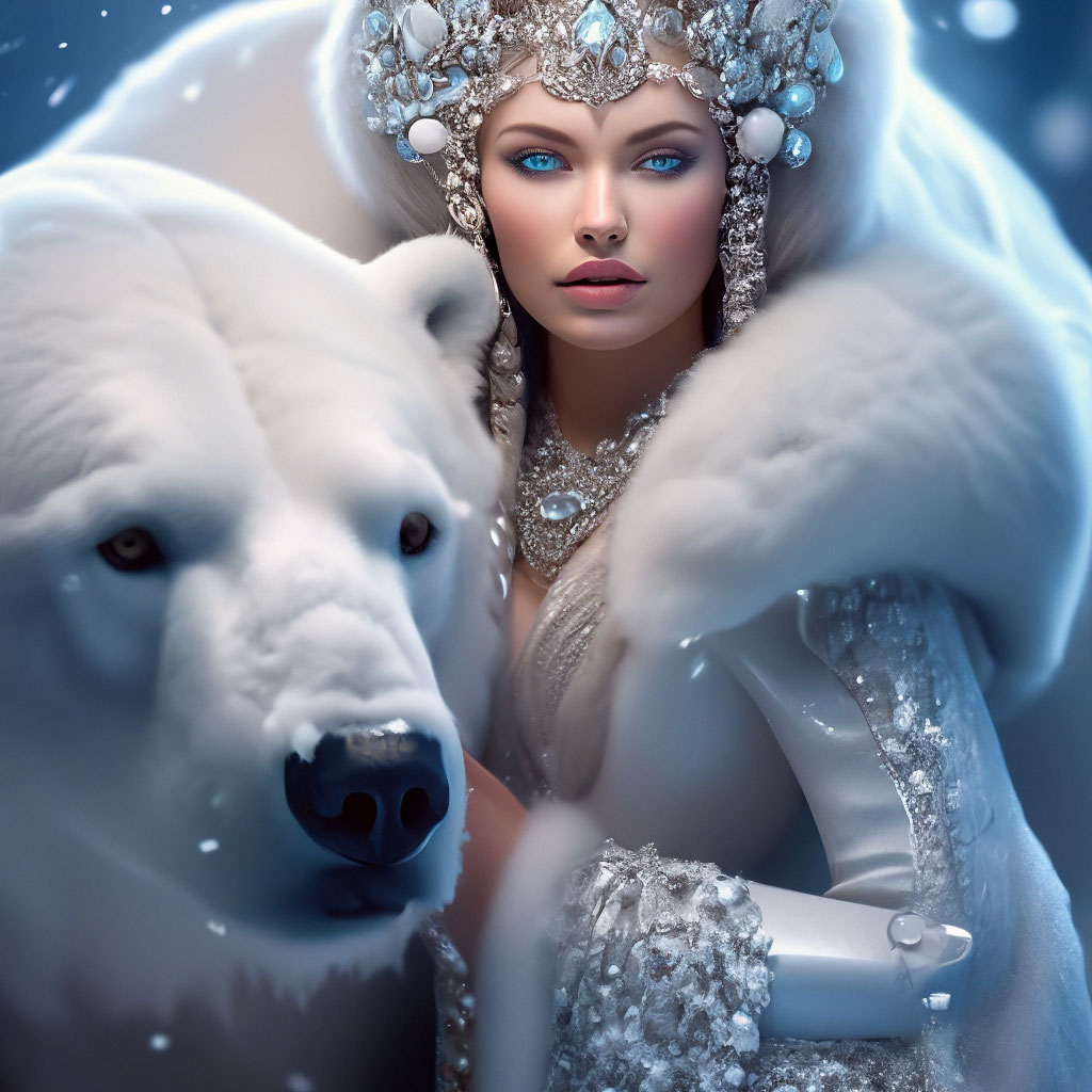 "Snow queen in gems and furs with a huge polar bear, big expressive ...