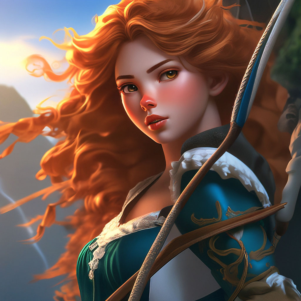 "Anime realism , merida shoots an arrow on the edge of a cliff ...