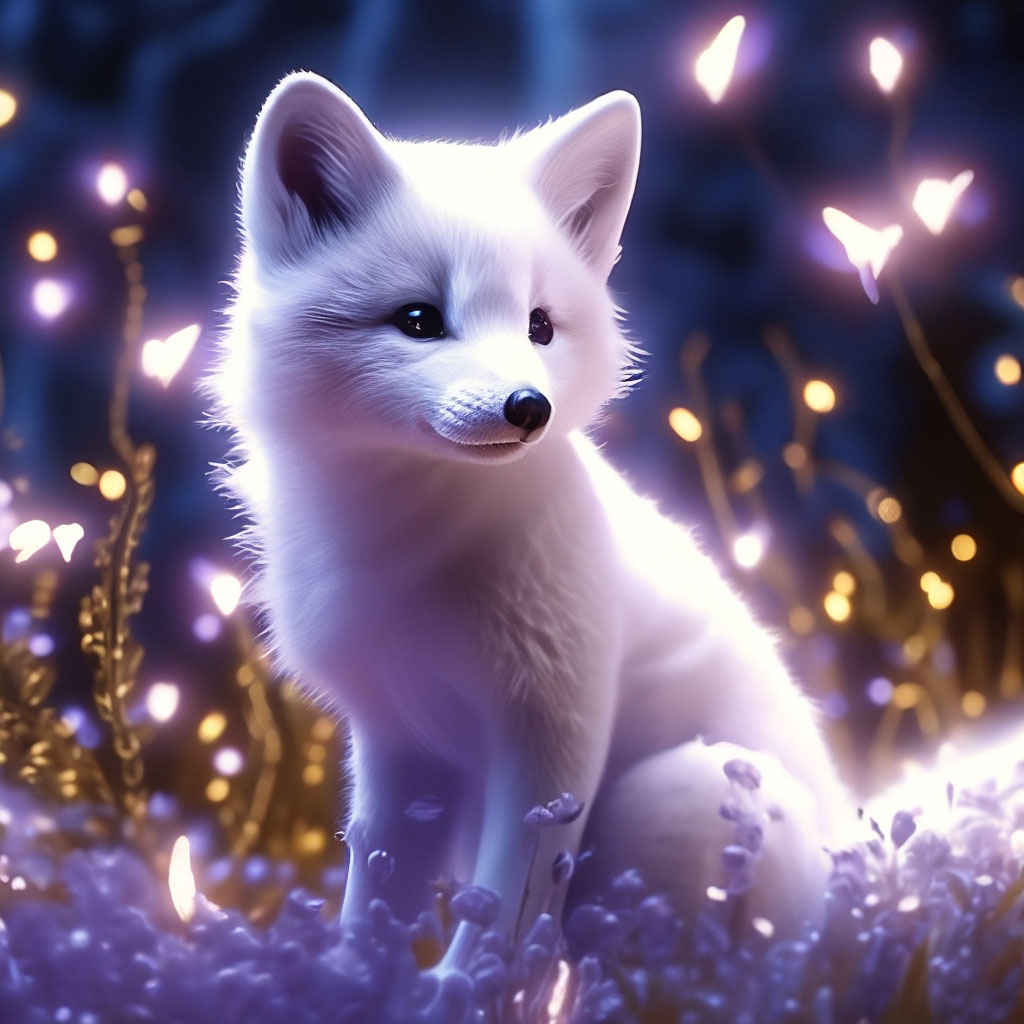 "Photo realistic white fox cub Kitsune, magic fireflies, filigree ...
