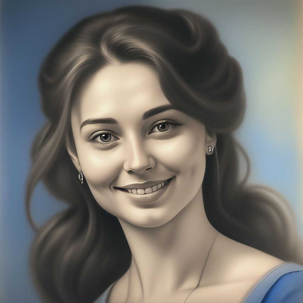 "Pencil portrait, woman, wide round face, dimples on cheeks, cheeks ...