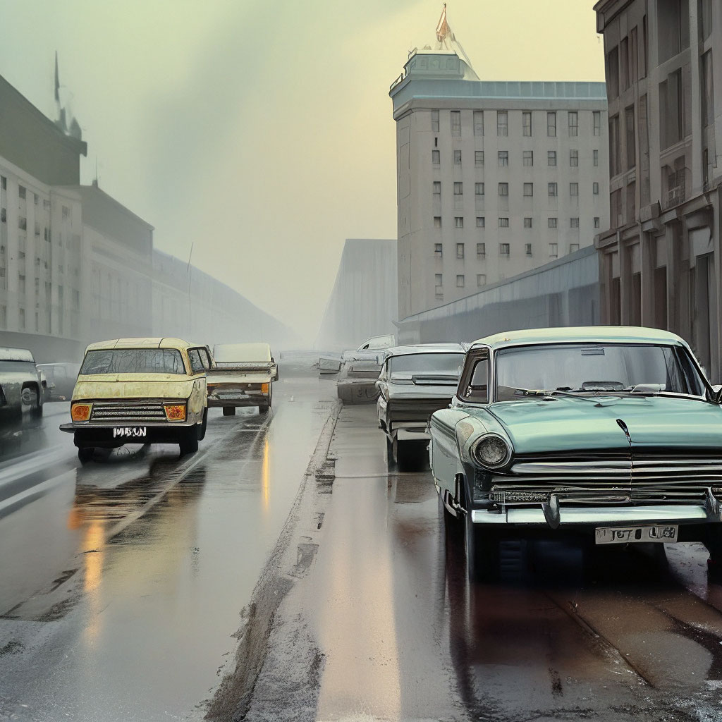 "Big city street, USSR , soviet architecture, road, cars of the ...
