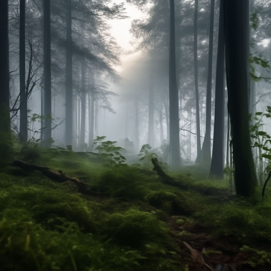 "Forest fog early morning, dim lighting, soft lighting, beautiful ...