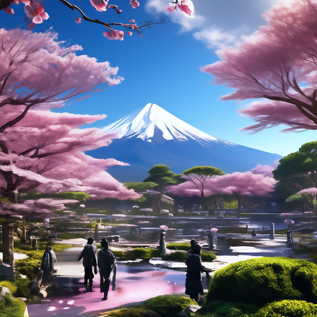 "Sakura blooms, fujiyama in the distance, japanese garden, entourage ...
