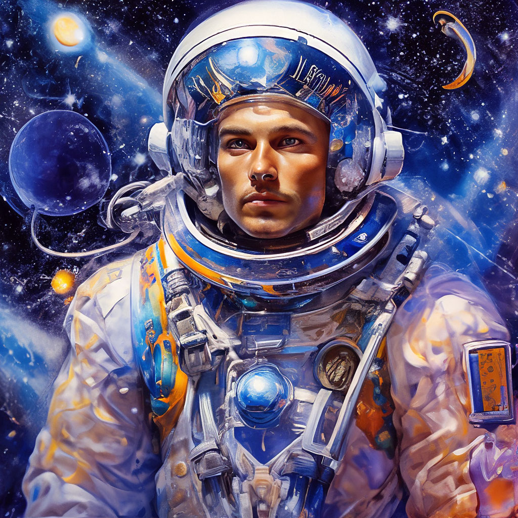 "Unprecedented beauty European man astronaut, among the stars, space ...