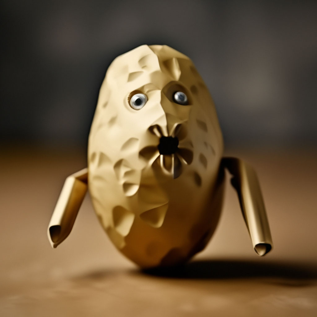 "Origami, paper, potato escapes from potato lover" — image created in ...