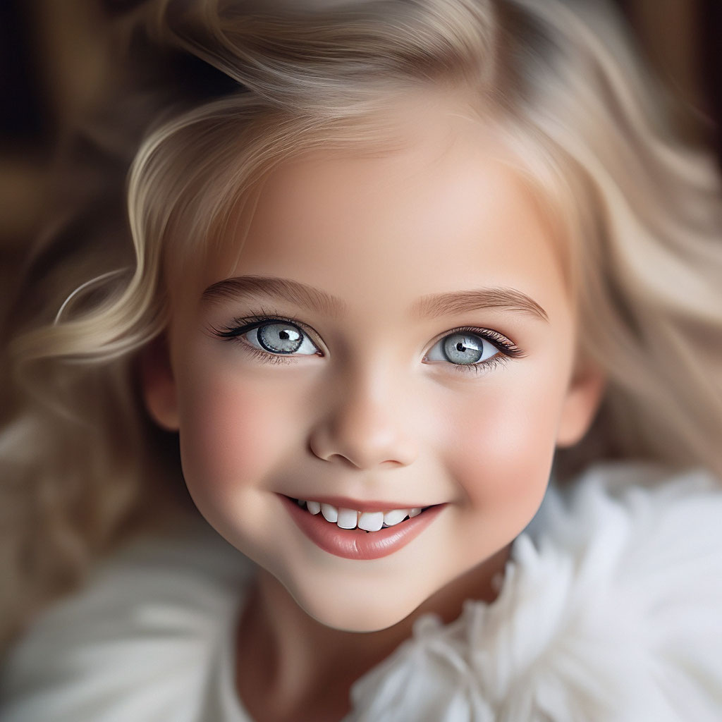 "Beautiful smiling child, clear gray eyes, long eyelashes, angelic ...