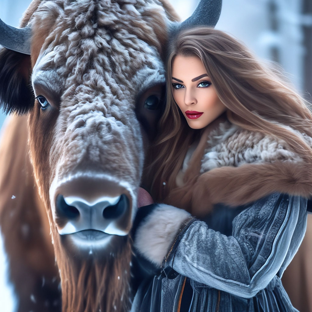 "Beautiful woman,with long hair, bright makeup, touched a bison with ...