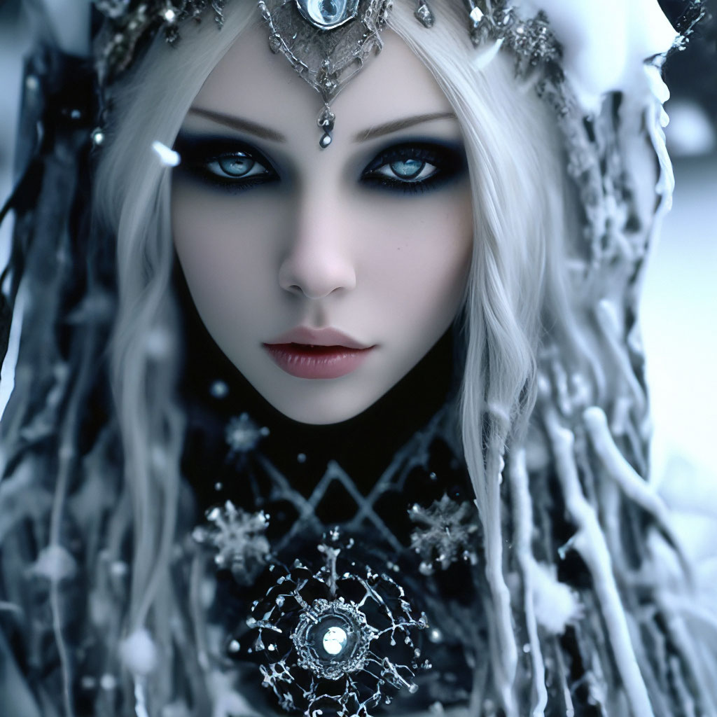 "Graphics, gentle snow maiden emo goth, detailed face, pale transparent ...