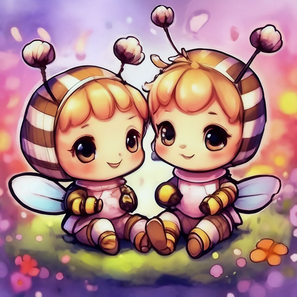 "Draw two cute cartoon bees sitting on a flower in the style of chibi ...