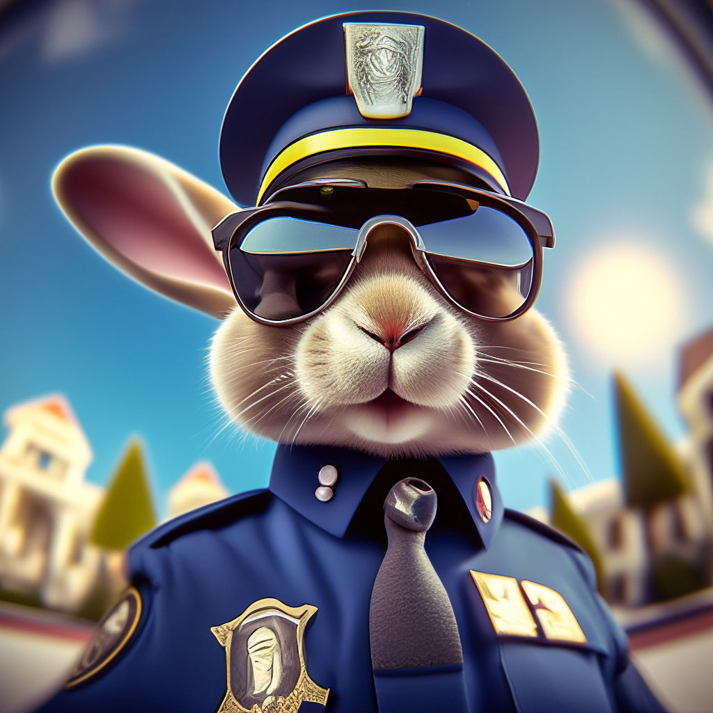 "Bunny cop, wearing a cap and sunglasses, realistic, professional photo ...