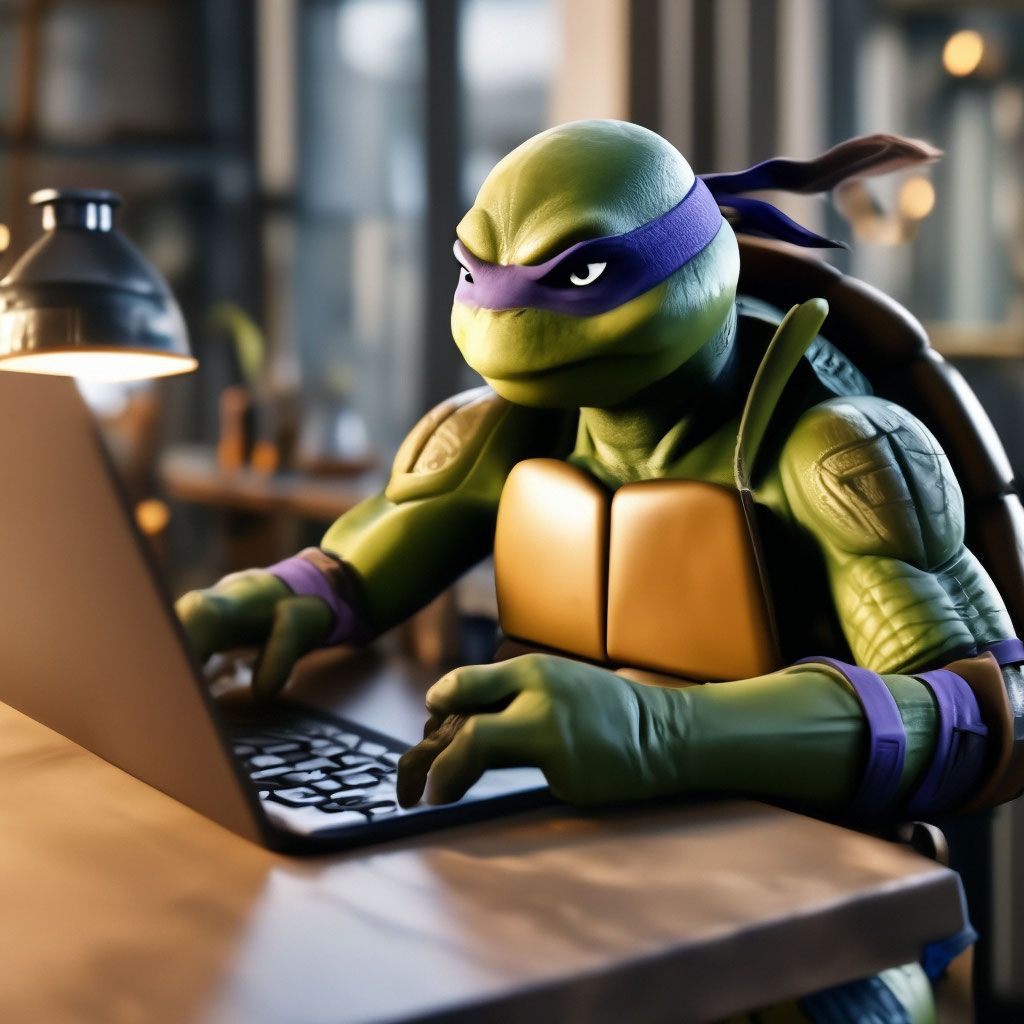 "Donatello the Ninja Turtle is sitting at a table and typing on a ...