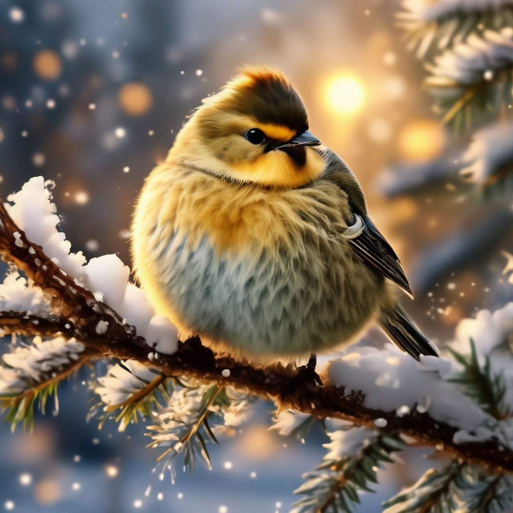 "Very plump,spherical cute bird,light green, sitting on a pine branch ...
