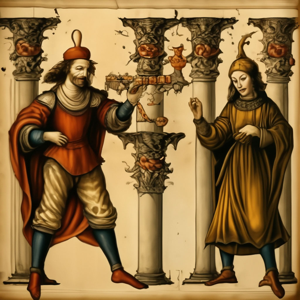 "Middle Ages drawing capital letters on aged paper with a drawing of ...