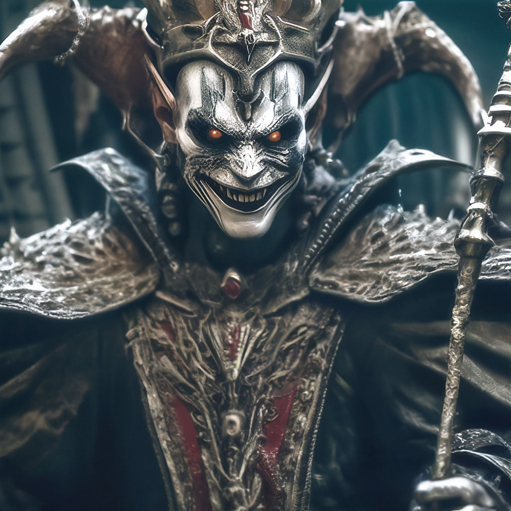 "Evil demonic jester, standing near the throne, metamorphosis, dark ...