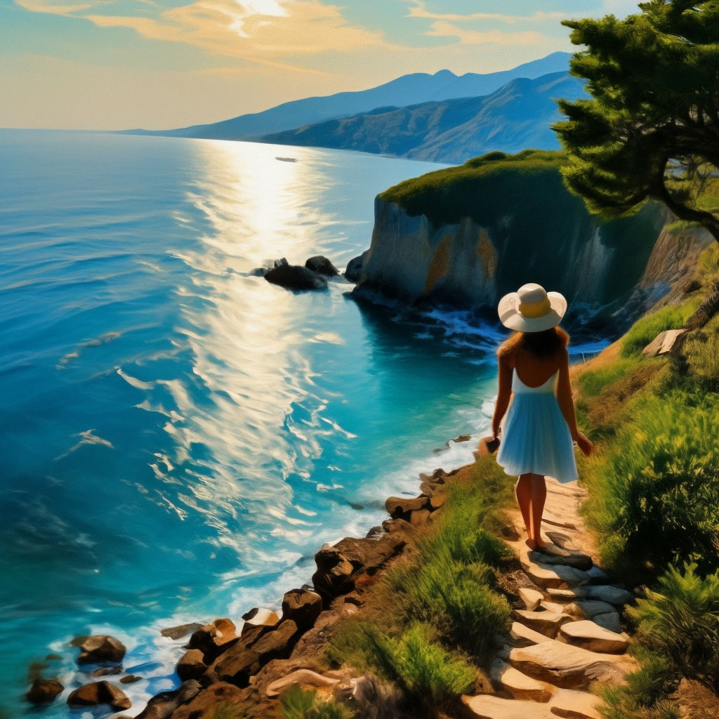 "Summer fine morning,a girl in a panama hat goes down a steep path ...