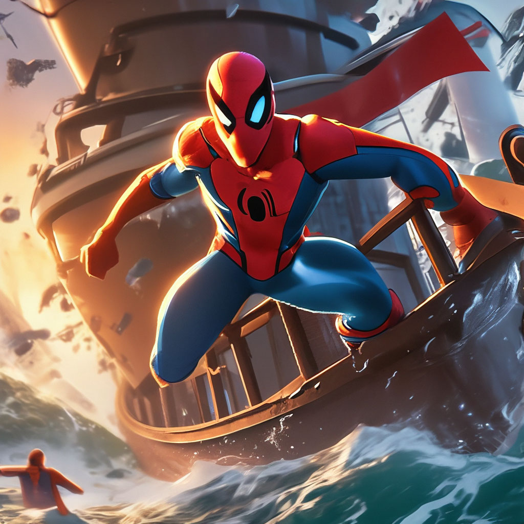 "An epic ship that is sinking and spider-man is trying to save this ...