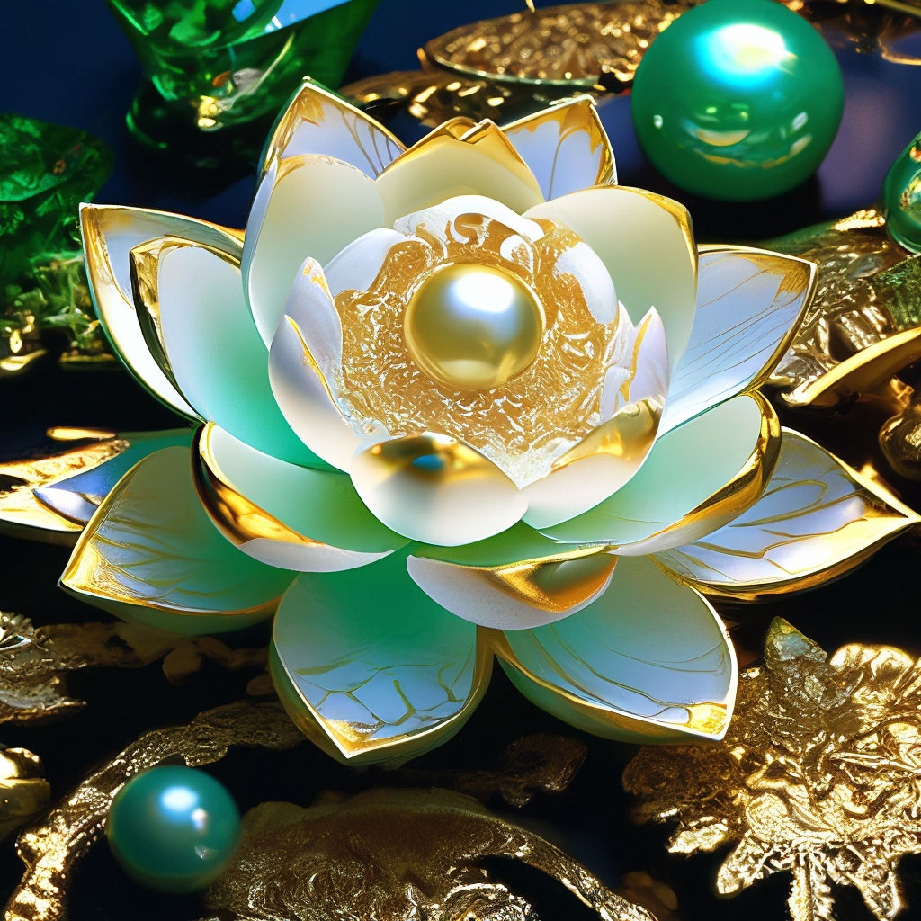 "Lotus, pearl, emerald, gold filigree, high resolution hyper detail ...