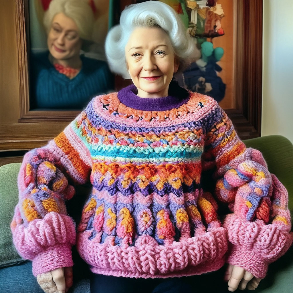 "Grandma knitted a huge sweater" — image created in Shedevrum