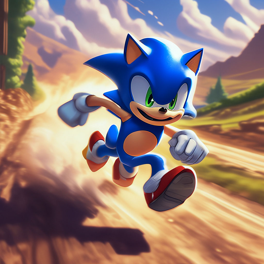 "Sonic is running along the road at high speed, dust from under his ...