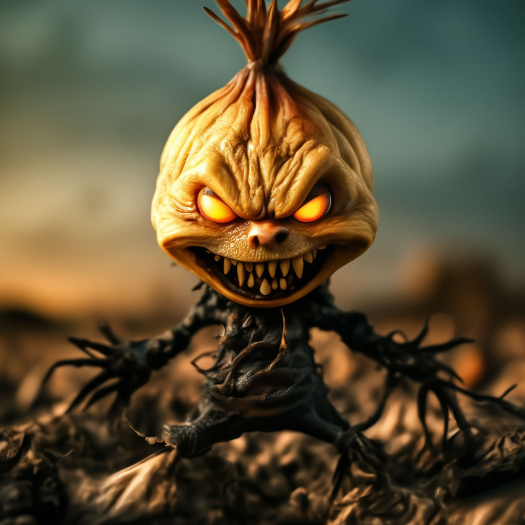 "Evil anthropomorphic cipollino full body, onion head with fangs ...