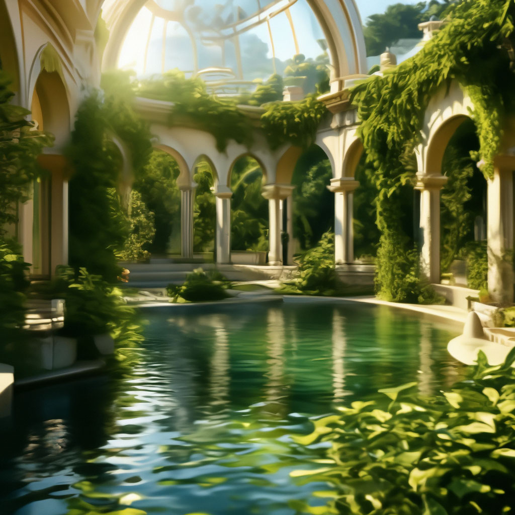 "A fabulous open-air pool, the sun is all in green vines, the water is ...