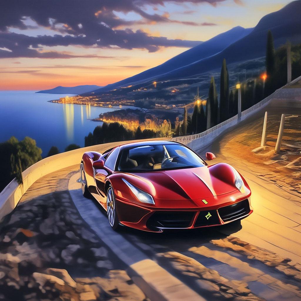 "Ferrari on the slopes, in Italy, near the sea,realistic, high ...