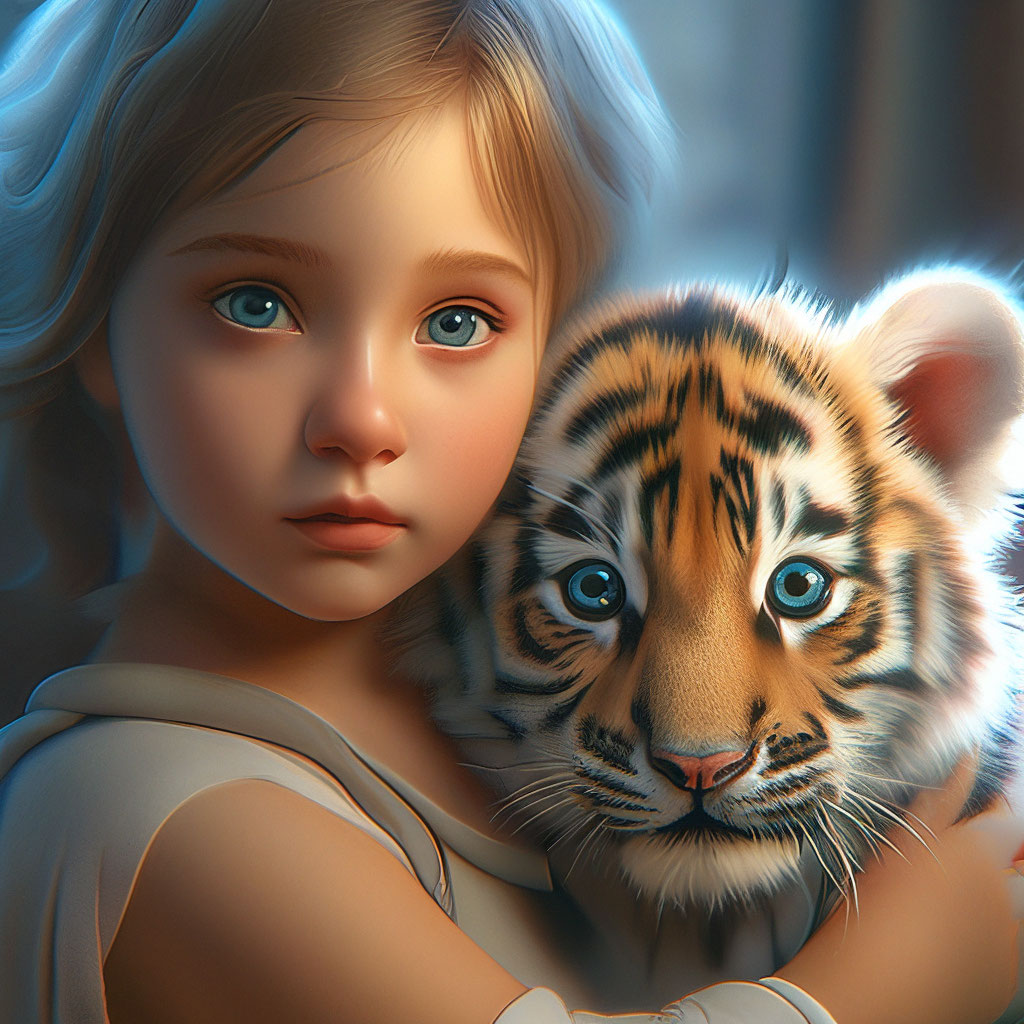 "A girl and a small, fluffy tiger cub, very cute, with sad eyes ...